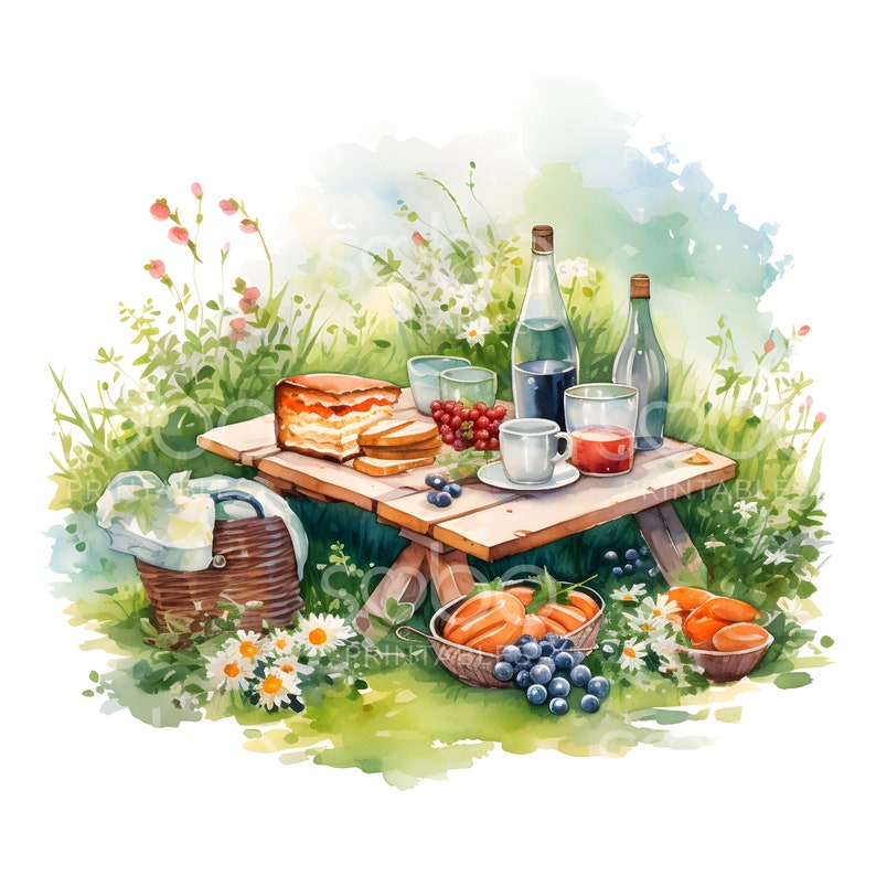 17 Summer Picnic in Park Clipart, Picnic Clipart, Watercolor Clipart ...