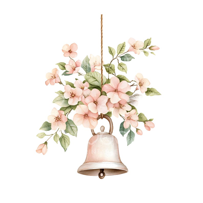 19 Vintage Floral Bell Clipart, Cottagecore Bell, Printable Watercolor ...