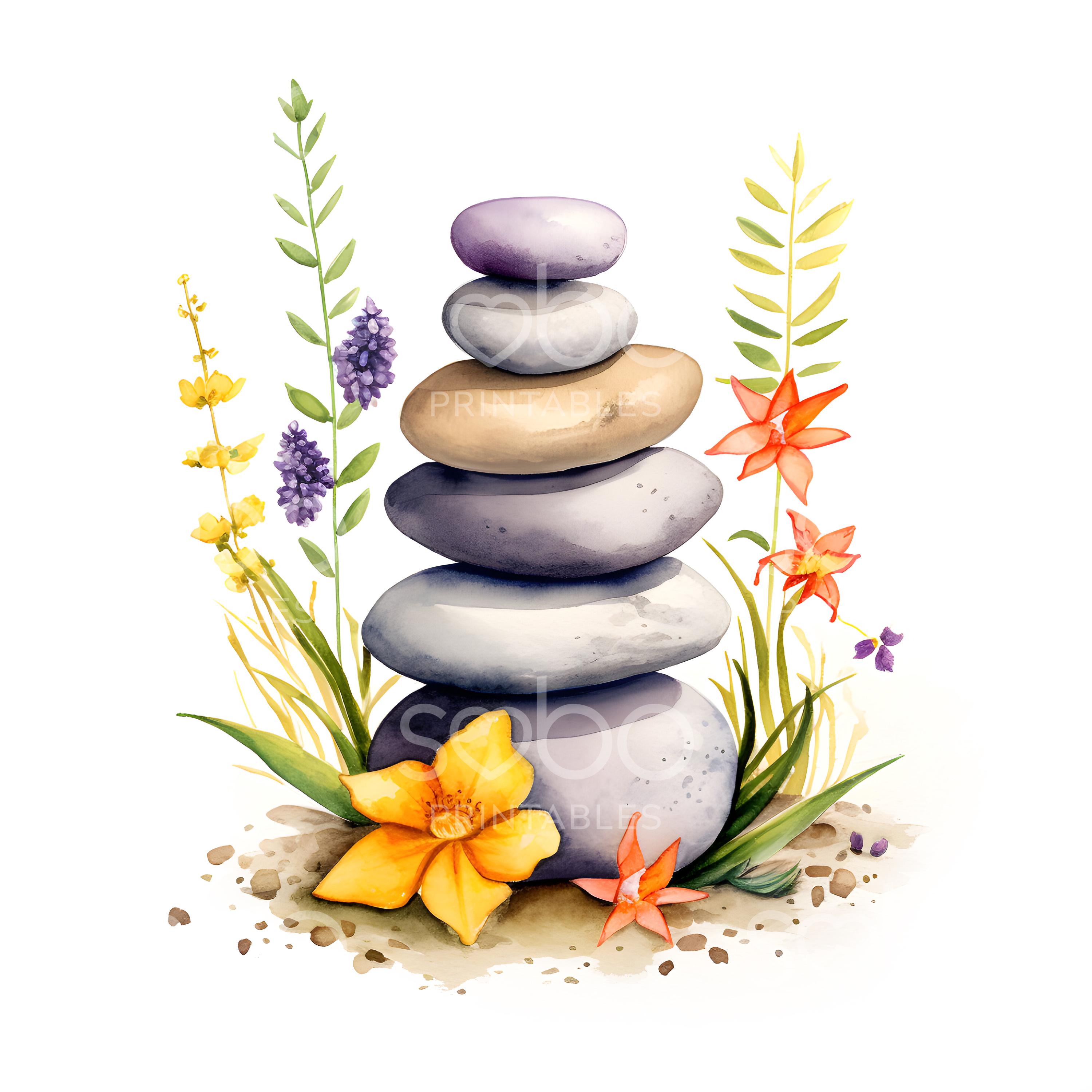 16 Zen Stones Floral Clipart, Wild Flowers, Printable Watercolor ...