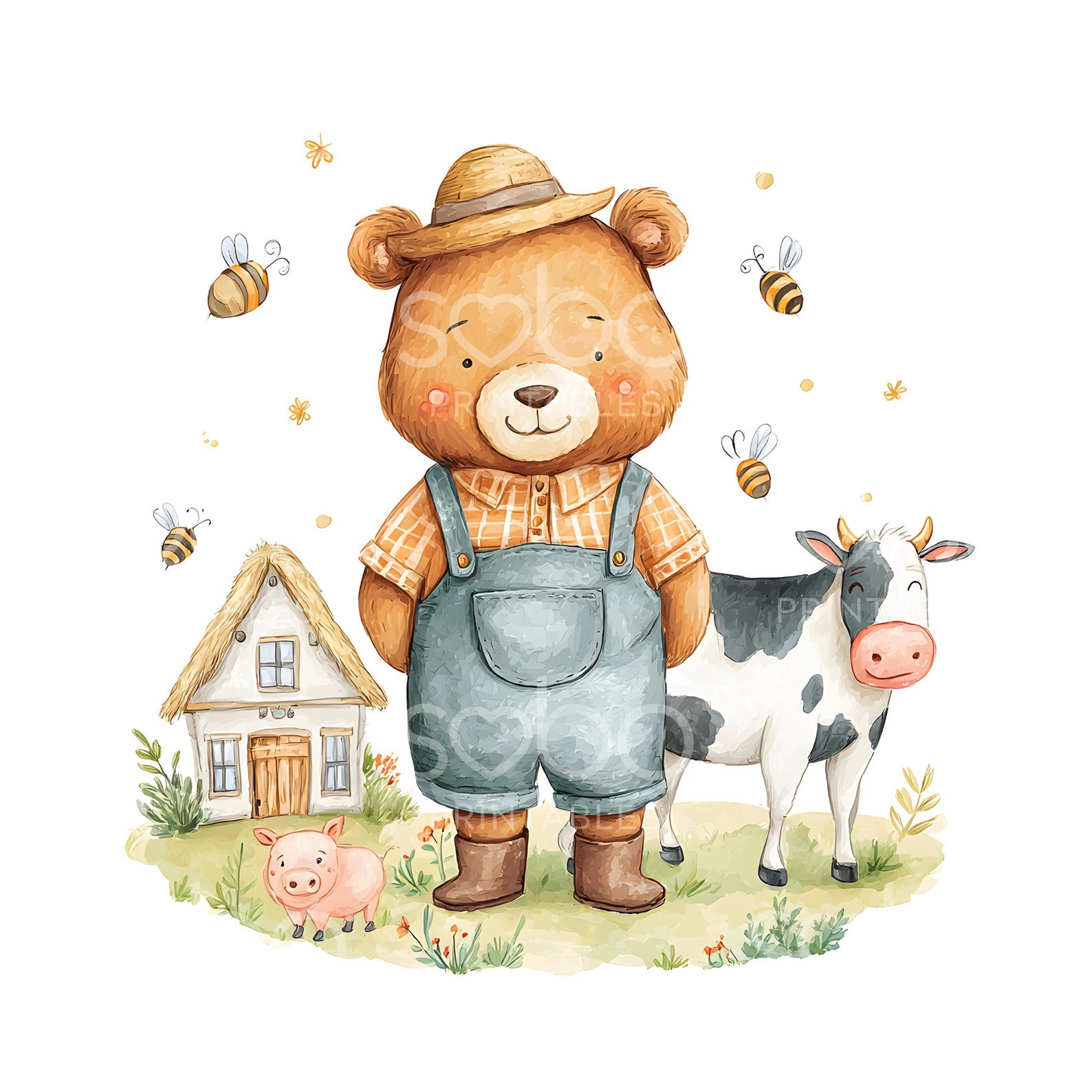 14 Farmer Brown Bear Clipart, Nursery Farm Invite, Kids Watercolor Art ...