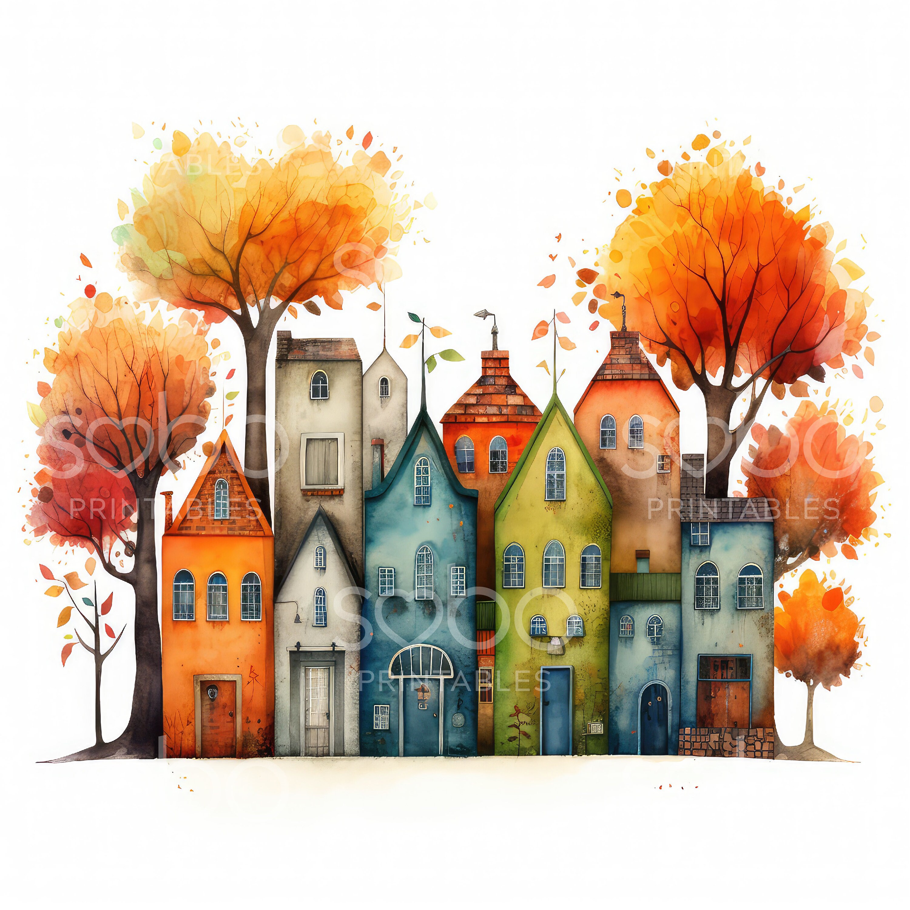 Quirky Autumn Houses - 11 High Quality Jpgs, Wall Art, Scrapbook, Junk ...