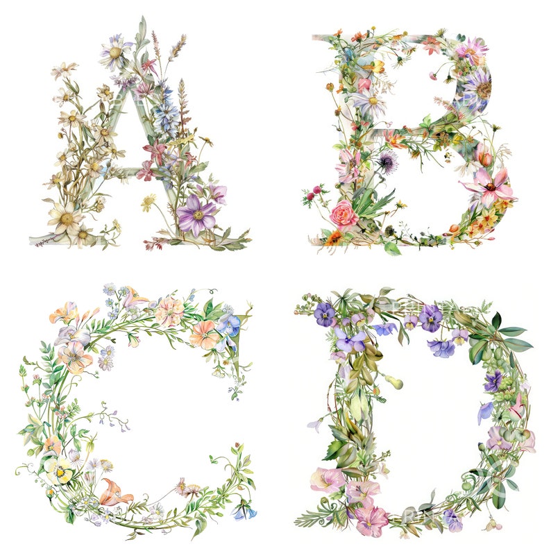 26 Delicate Wildflower Alphabets Clipart, Wedding Watercolor Floral ...