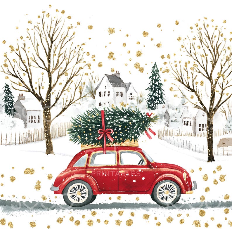 16 Vintage Christmas Red Car Clipart, Red Retro Car Fir Tree, Gold Foil ...