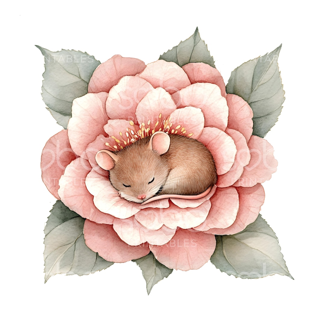 28 Mouse Sleeping in Flower Clipart, Cute Floral Mouse Art, Printable ...