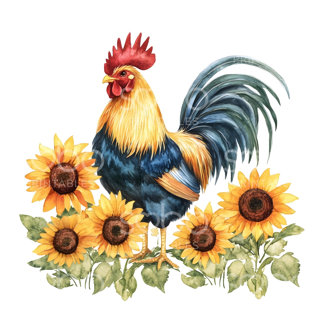 20 Rooster With Sunflower Clipart, Rooster Clipart, Printable ...