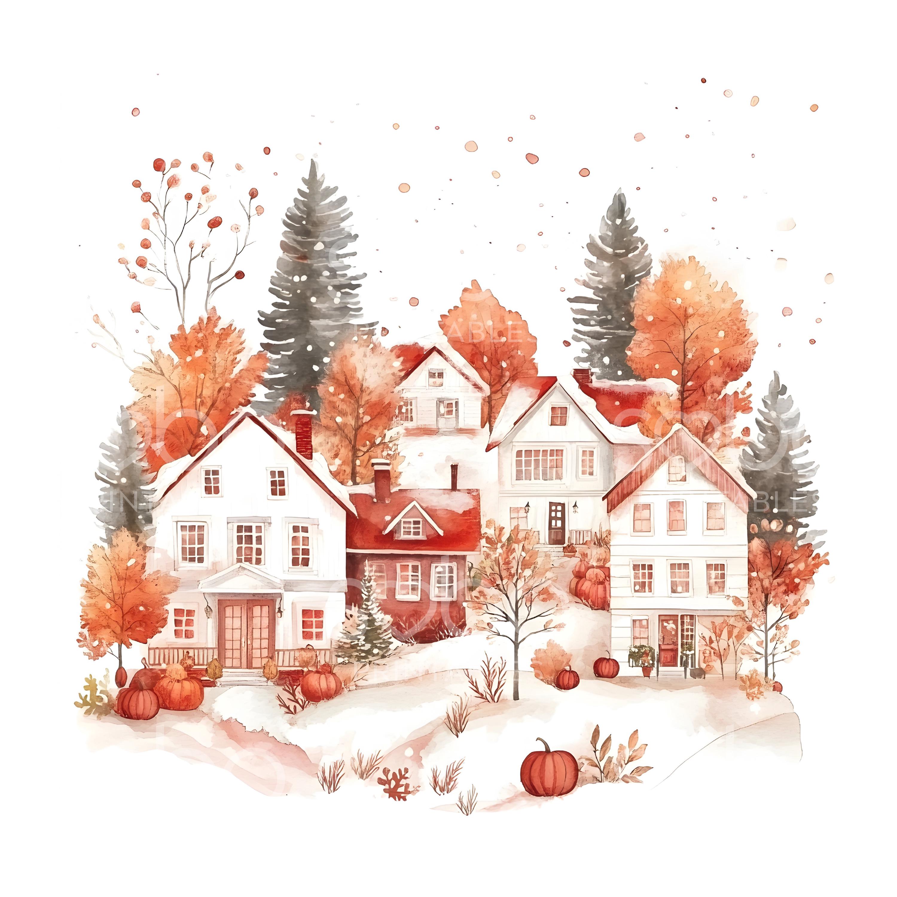 26 Autumn Fall Village Clipart, Cute Cottagecore Houses, Autumn Village ...