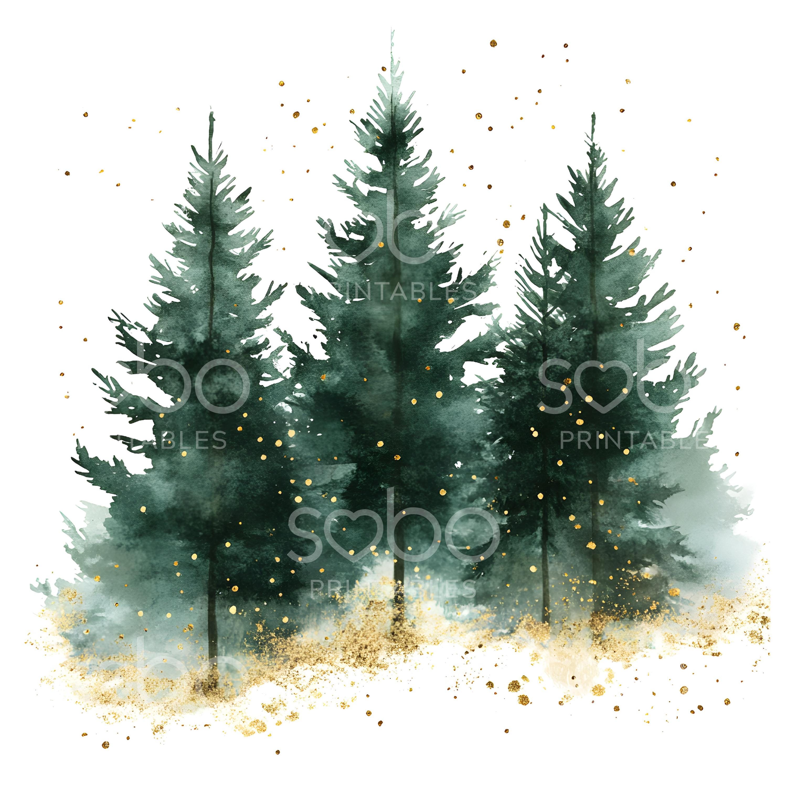 20 Christmas Pine Trees Clipart, Gold Winter Festive Clipart, Printable ...