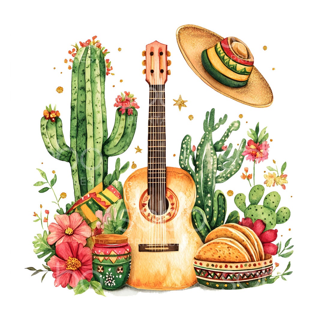 12 Mexican Arrangement Clipart, Guitar, Cactus, Sombrero Tacos, Cinco ...