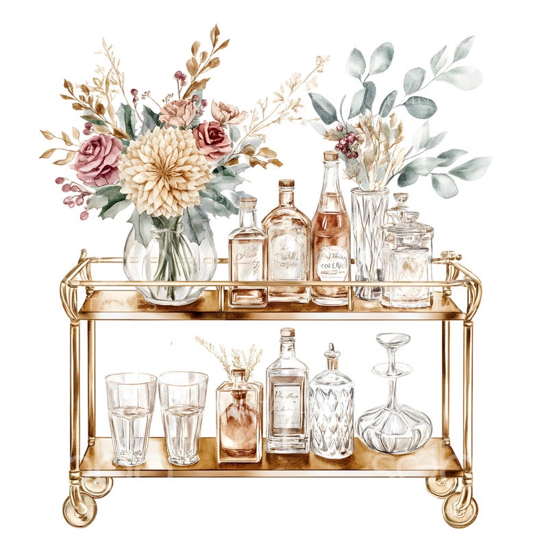 16 Gold Bar Cart Clipart, Christmas Bar, Cocktail Bar, Watercolor Wall ...