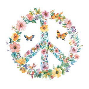 20 Floral Peace Sign Clipart, Retro Peace Sign, Butterflies Flowers Art ...
