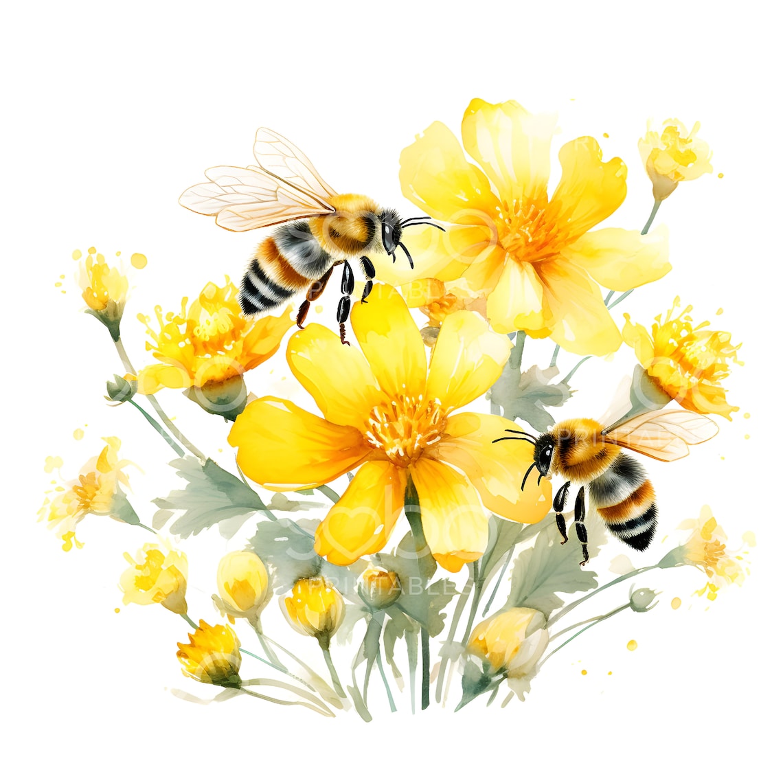 16 Bees in Flowers Clipart, Bees Clipart, Printable Watercolor Clipart ...