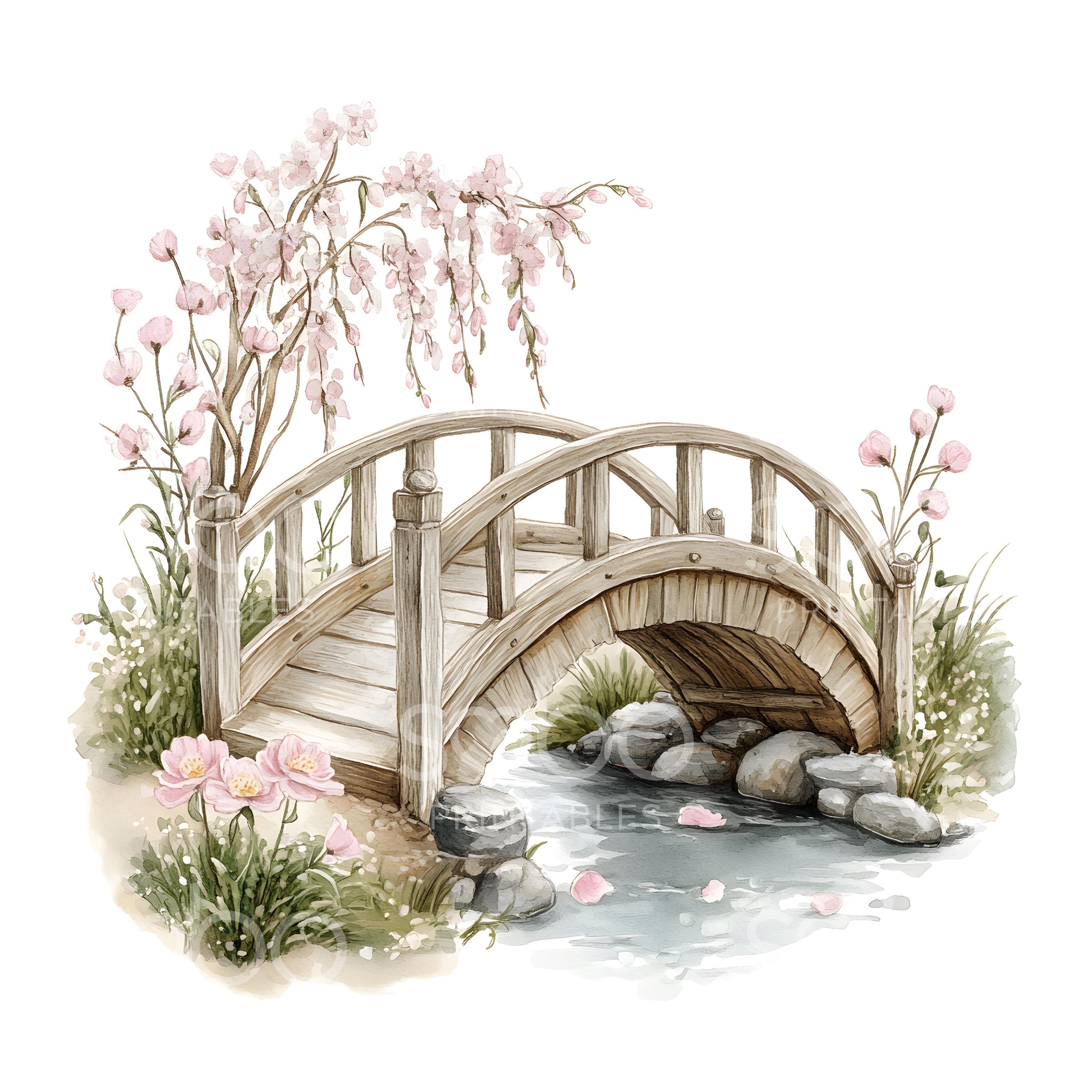 25 Floral Wood Bridge Clipart, Spring Bridge, Printable Watercolor Art ...
