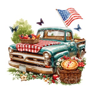 23 Patriotic Truck Clipart, 4th of July Picnic, Printable Watercolor ...