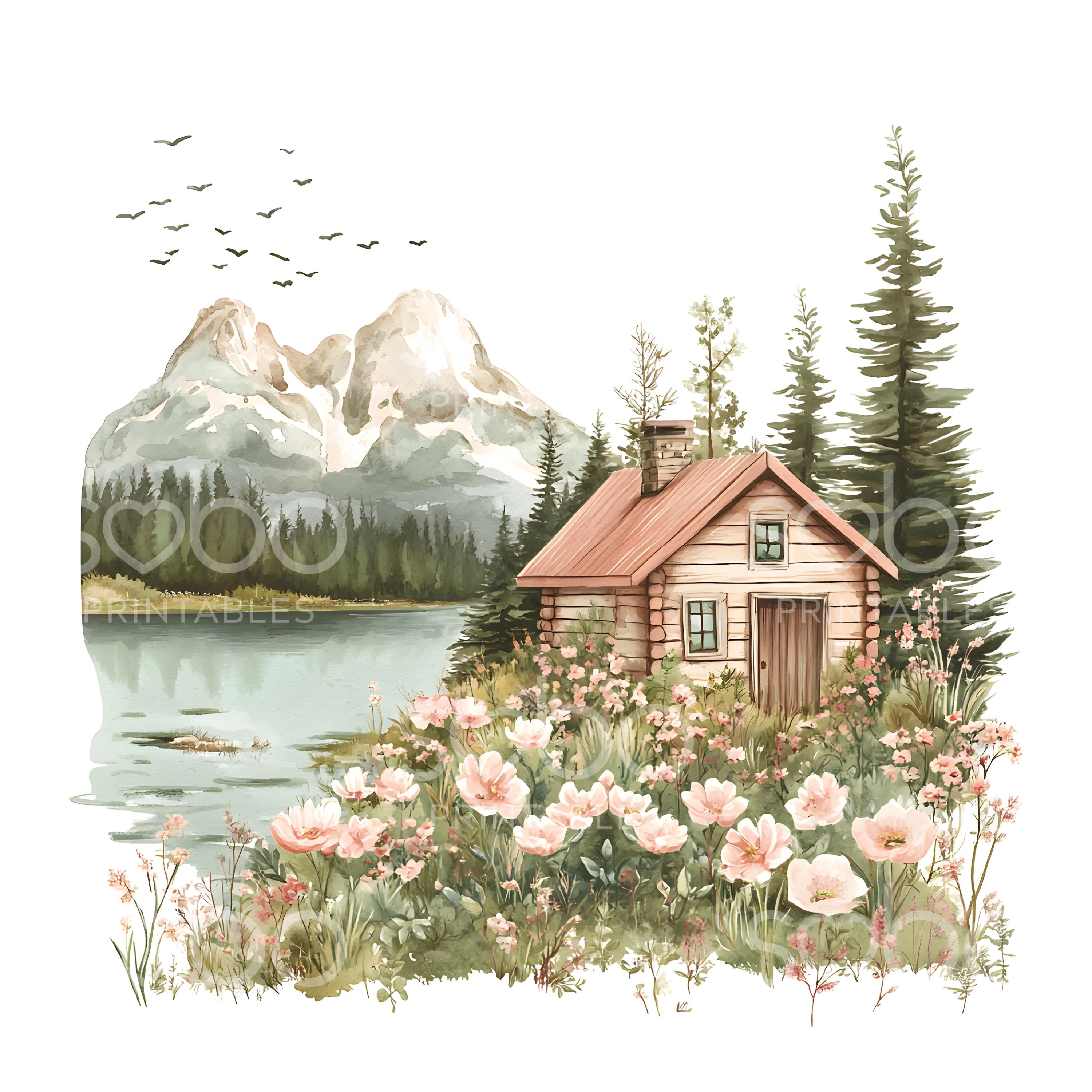 27 Cute Floral Cabin Clipart, Spring Garden, Printable Watercolor, High ...