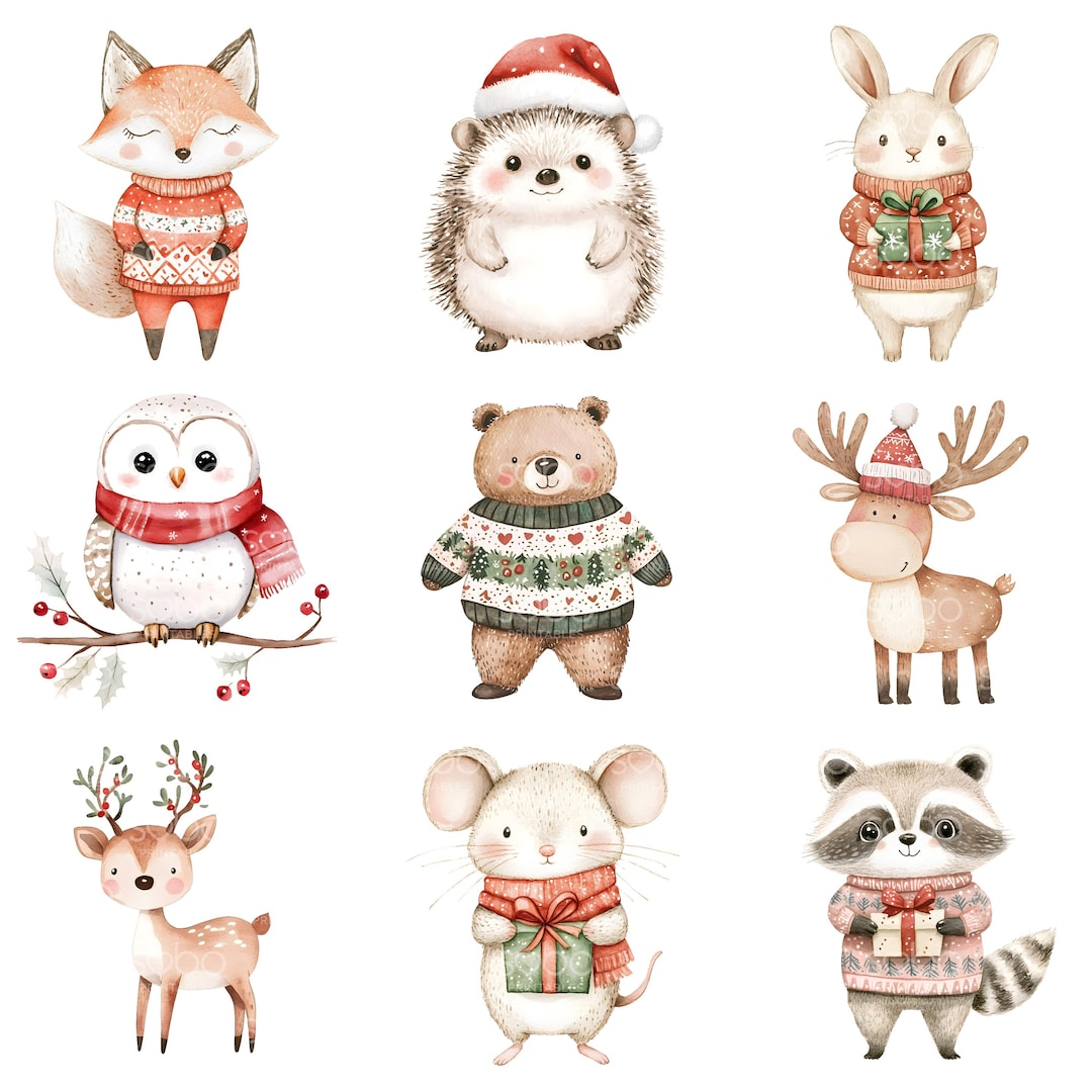 20 Christmas Woodland Animals Clipart, Bear, Fox, Deer, Cute Woodland ...