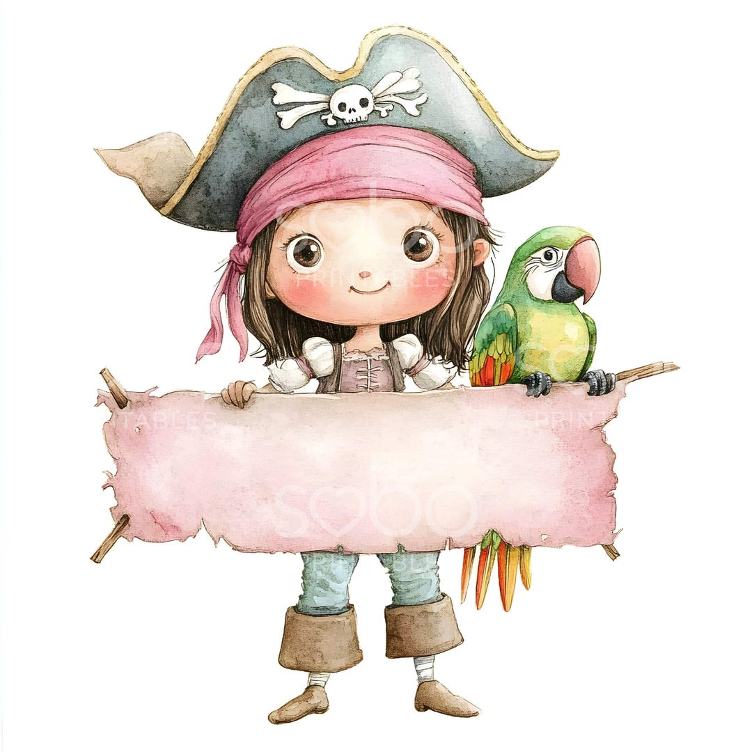 21 Girl Pirate Clipart, Pirate With Banner, Printable Watercolor ...