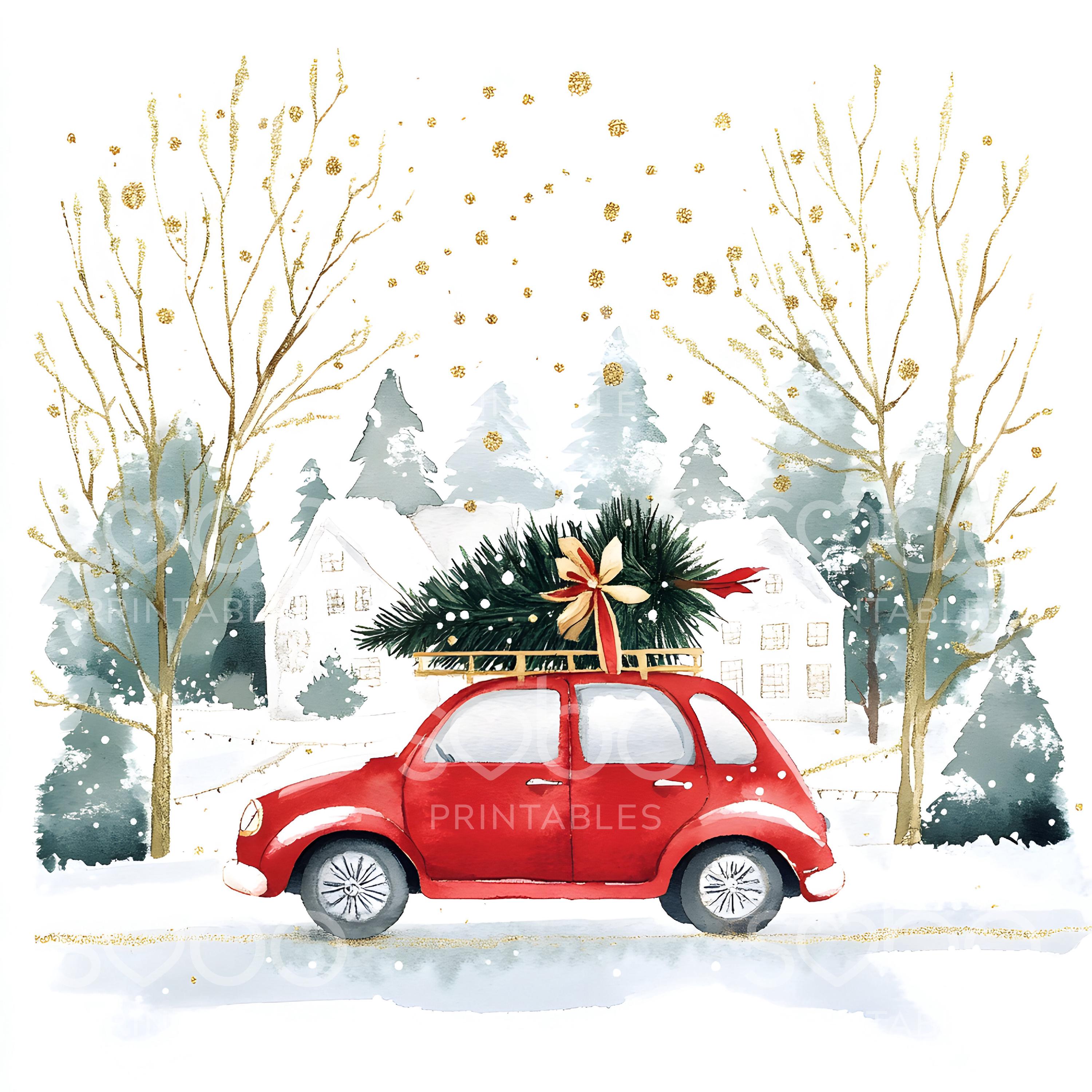 16 Vintage Christmas Red Car Clipart, Red Retro Car Fir Tree, Gold Foil ...