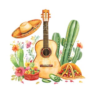 12 Mexican Arrangement Clipart, Guitar, Cactus, Sombrero Tacos, Cinco ...
