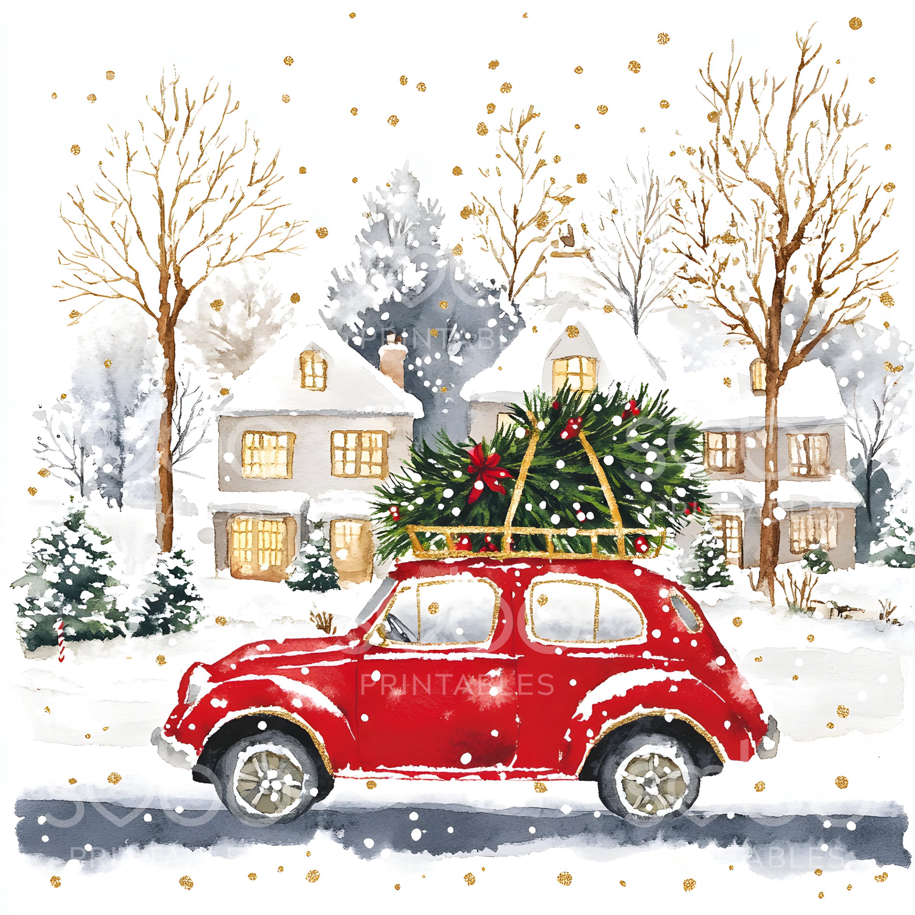 16 Vintage Christmas Red Car Clipart, Red Retro Car Fir Tree, Gold Foil ...