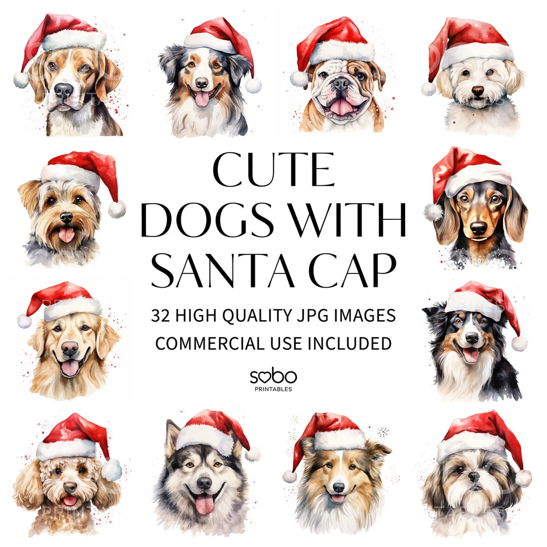 Cute Dogs With Santa Cap Clipart - 32 High Quality Jpgs, Digital ...