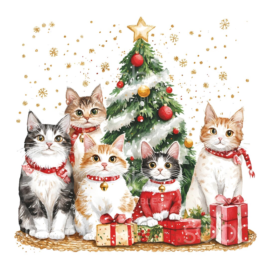 24 Christmas Tree Cats Clipart, Festive Cats, Watercolour Christmas ...