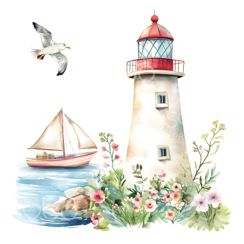 24 Floral Lighthouse Clipart, Vintage Lighthouse, Printable Watercolor ...