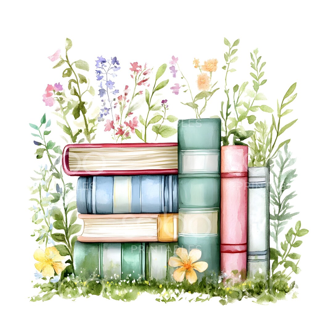 24 Spring Books Stack Clipart, Shabby Chic, Floral Book, Watercolor Art ...