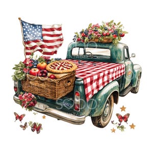 23 Patriotic Truck Clipart, 4th of July Picnic, Printable Watercolor ...