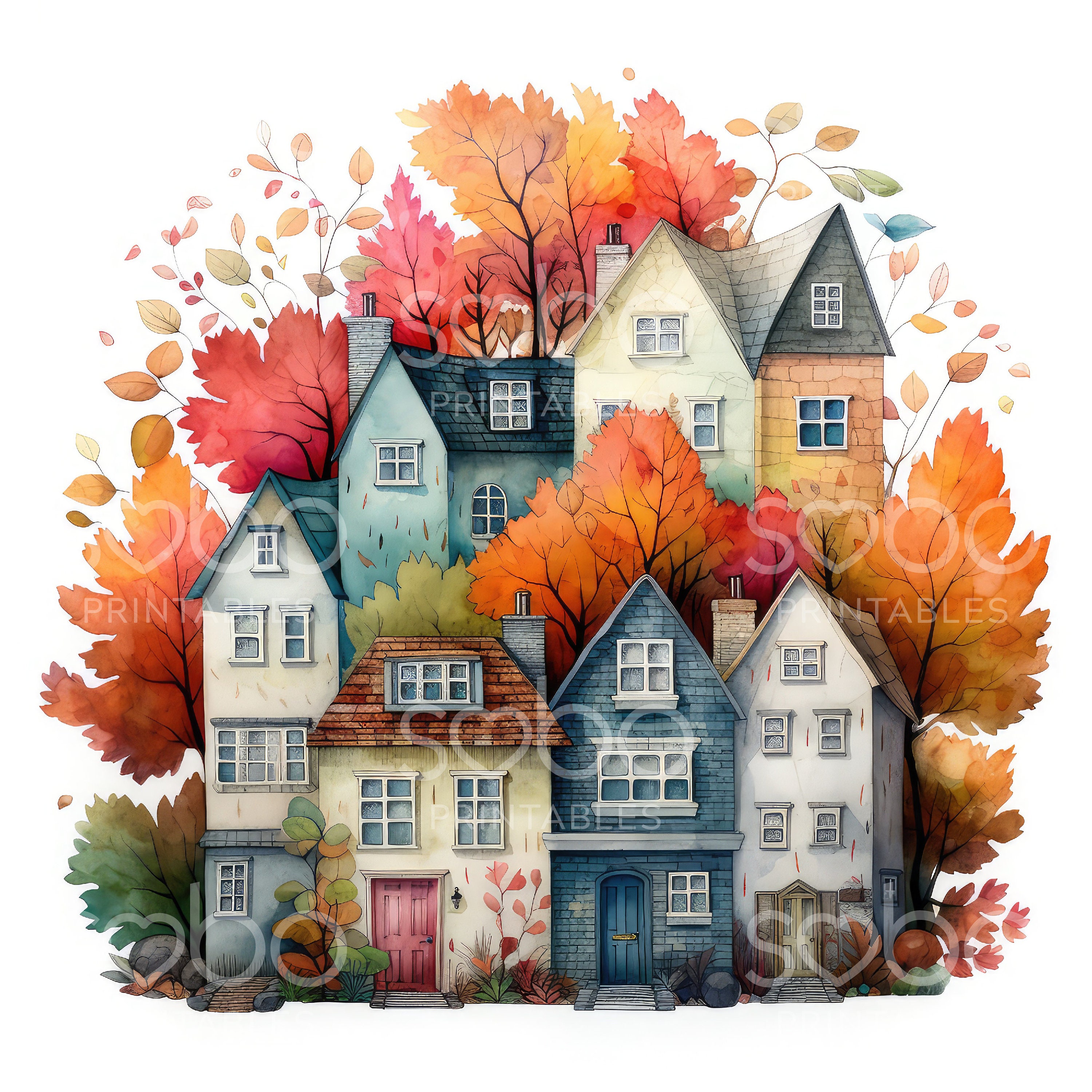 Quirky Autumn Houses - 11 High Quality Jpgs, Wall Art, Scrapbook, Junk ...