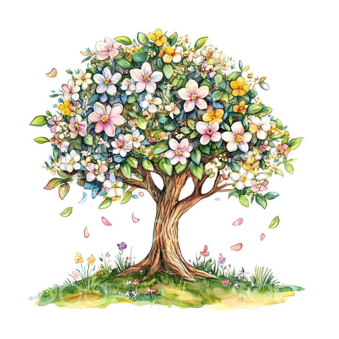 24 Floral Spring Trees Clipart, Cute Tree, Printable Watercolor Clipart ...