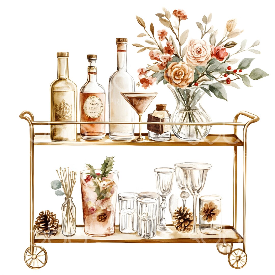 16 Gold Bar Cart Clipart, Christmas Bar, Cocktail Bar, Watercolor Wall ...