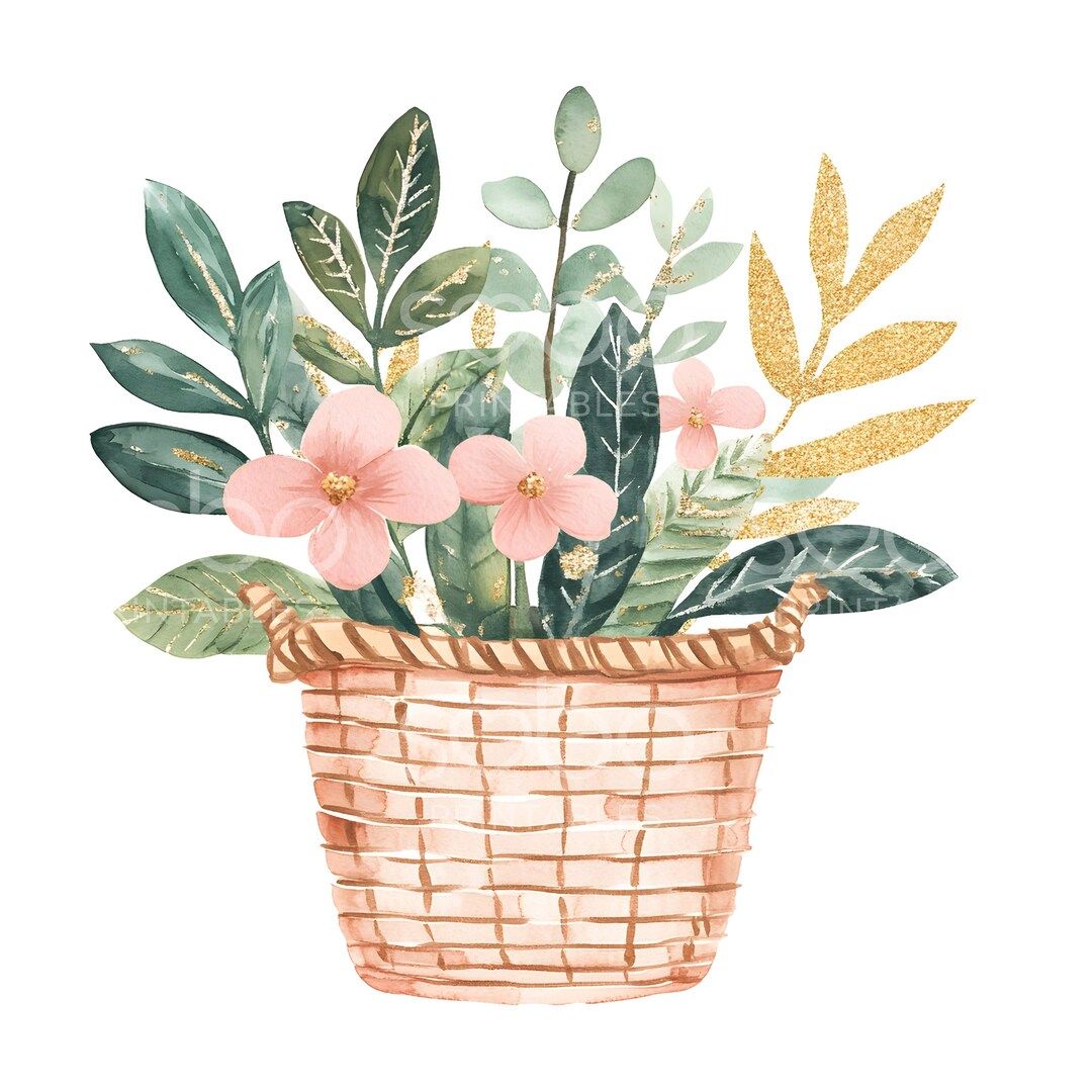 25 Rattan Basket Floral Clipart, Floral Basket, Watercolor Printable ...