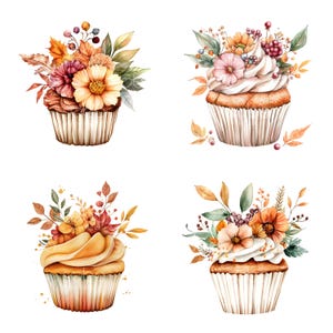 30 Autumn Floral Cupcake Clipart, Fall Cupcake, High Quality Jpgs ...