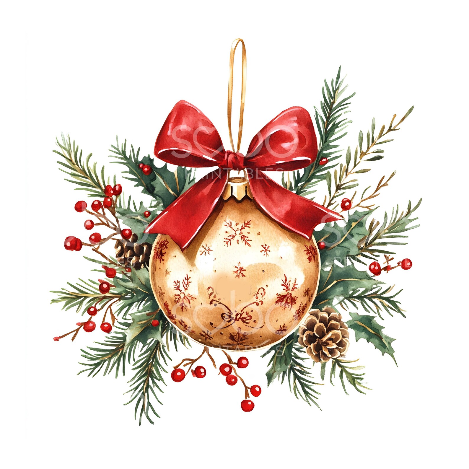 27 Xmas Red Ornament Clipart, Christmas Card, Gold Xmas Baubles ...
