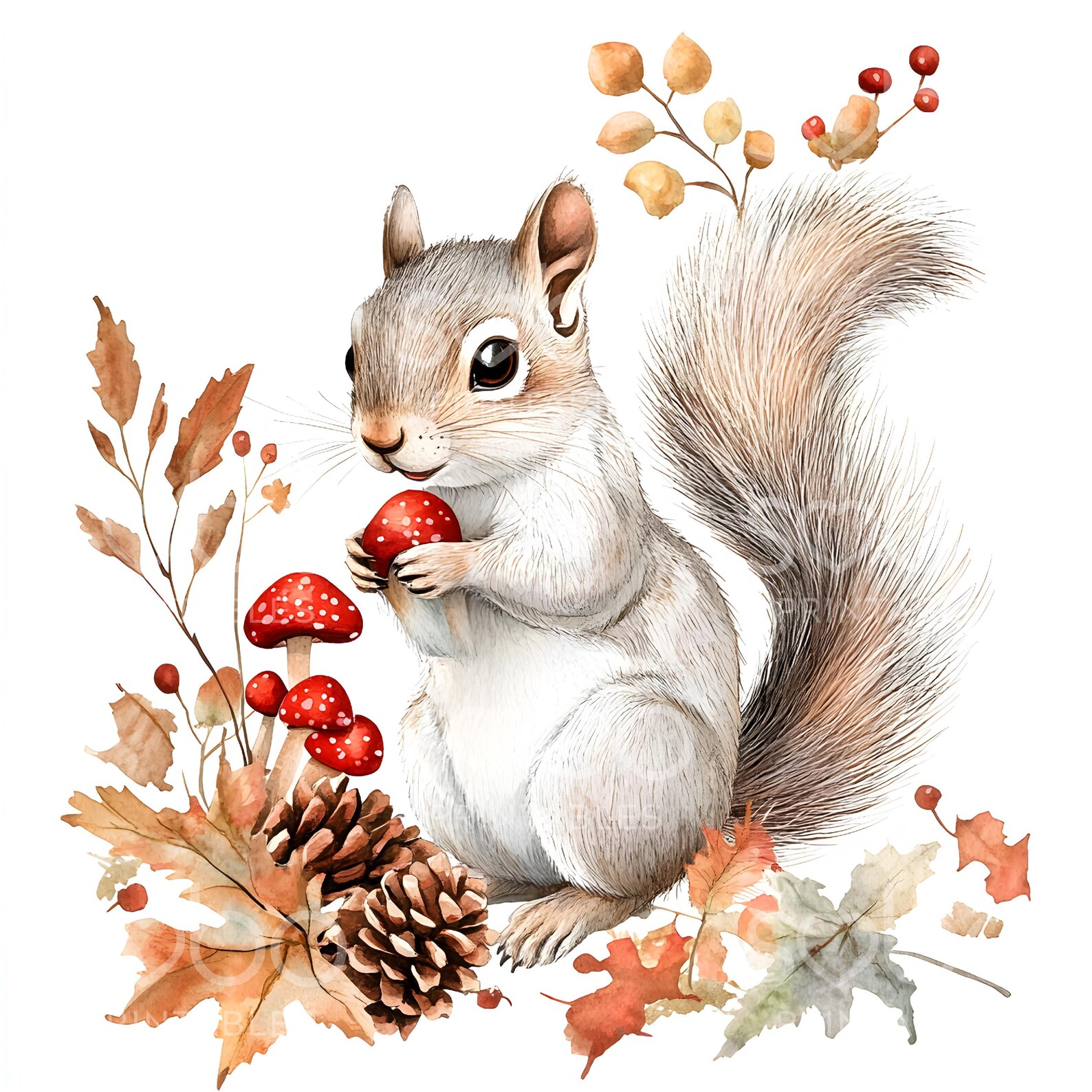 15 Autumn Squirrel Clipart, Mushrooms Bouquet Pine Cones, High Quality ...