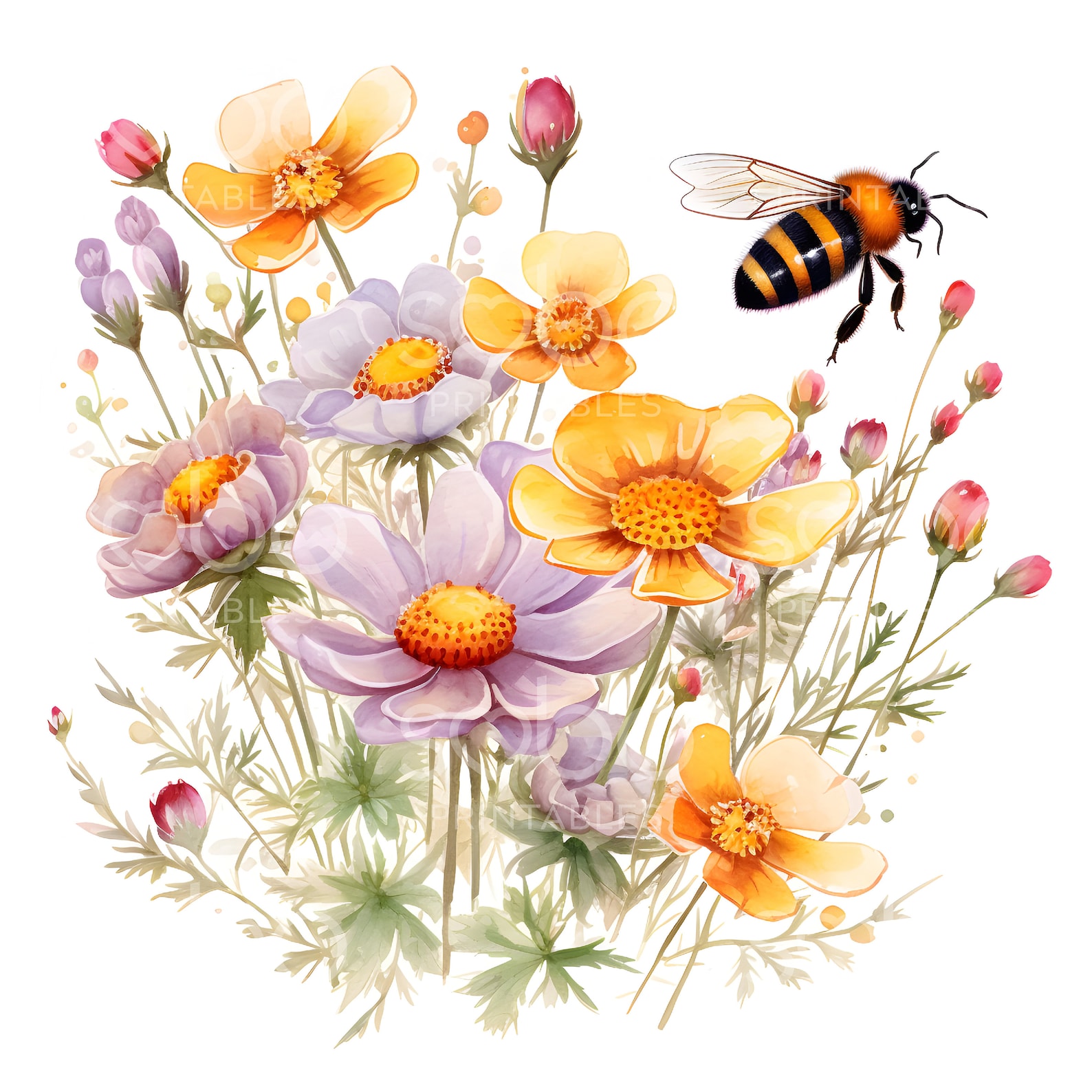 16 Bees in Flowers Clipart, Bees Clipart, Printable Watercolor Clipart ...