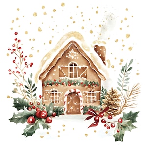 16 Gingerbread House Clipart, Gold Christmas, Watercolor Christmas Card ...