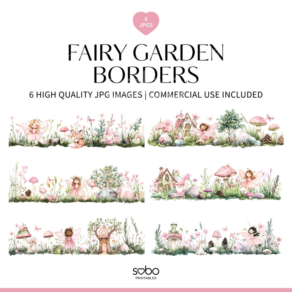 6 Fairy Garden Clipart Borders, Unicorn Pink Fairy Garden, Enchanted ...