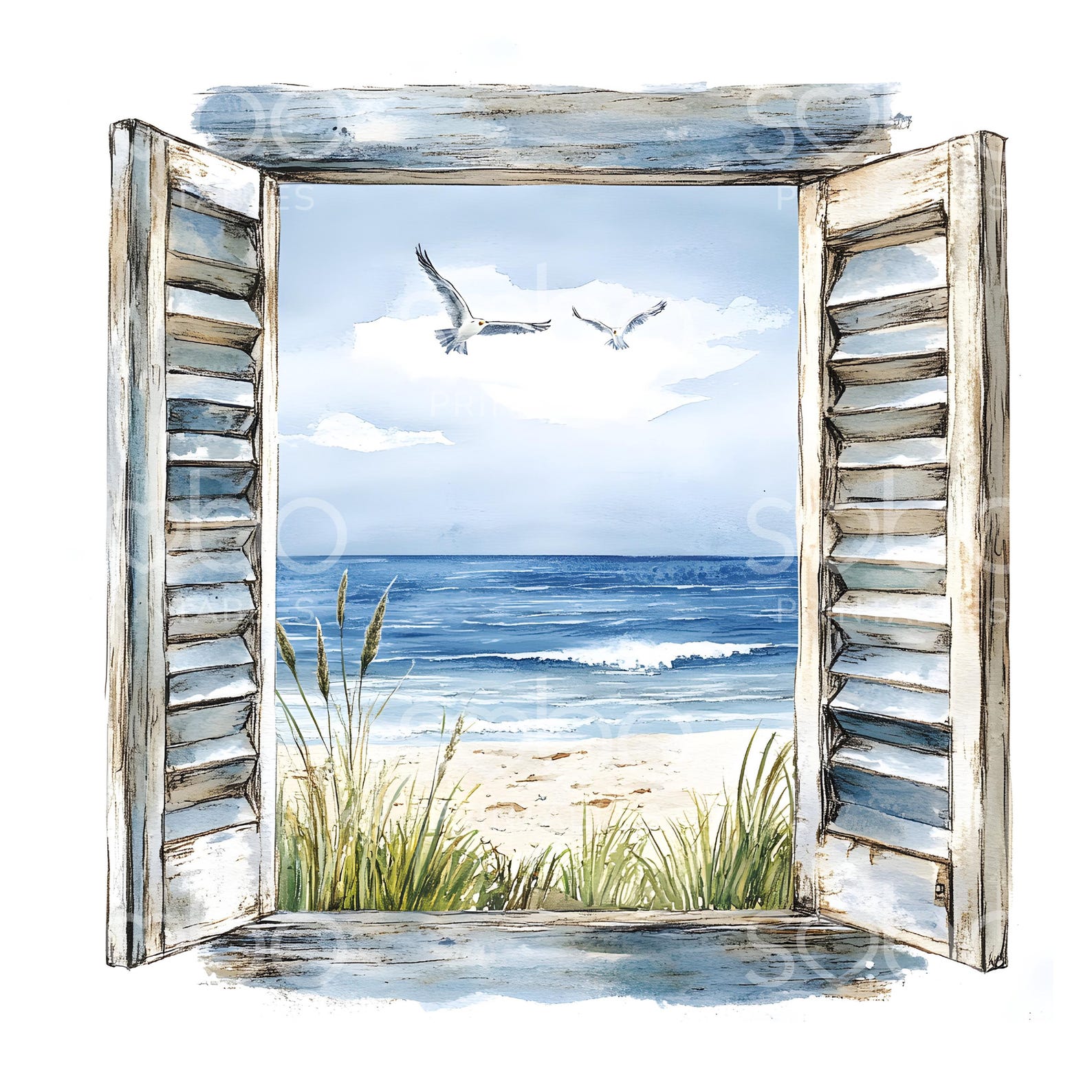 18 Window Ocean View Clipart, Window to Sea, Printable Watercolor, High ...