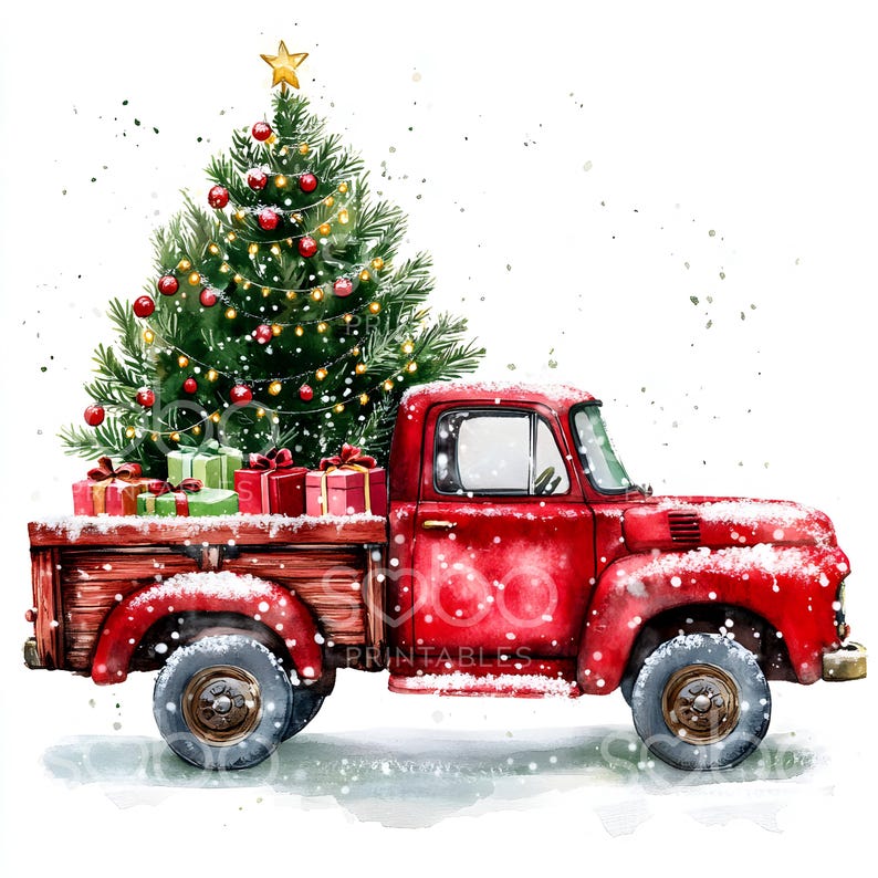 20 Red Christmas Truck Clipart, Christmas Gift Tag, Christmas Card Art ...
