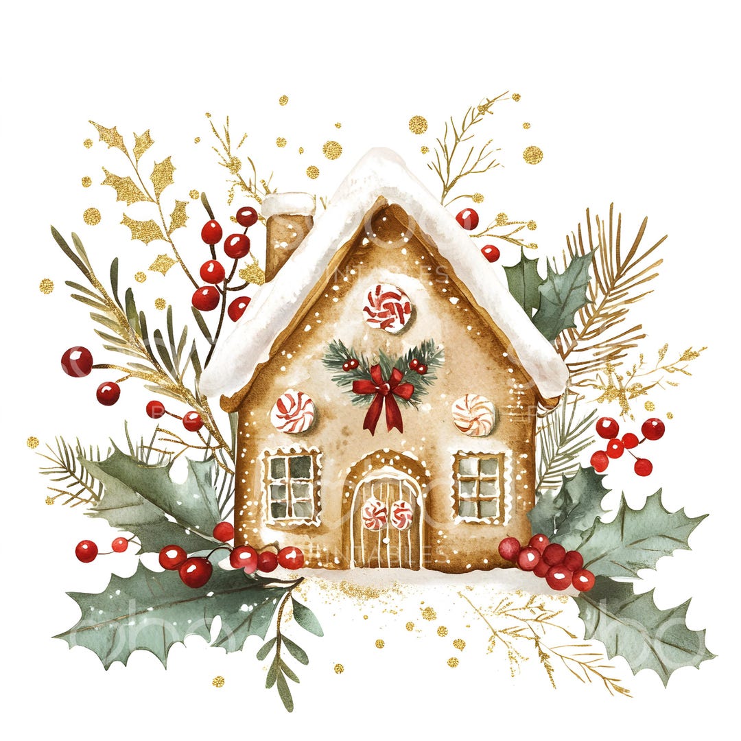 16 Gingerbread House Clipart, Gold Christmas, Watercolor Christmas Card ...