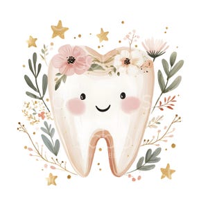 20 Boho Floral Tooth Clipart, Cute Kids Nursery, Tooth Fairy, Gold Foil ...