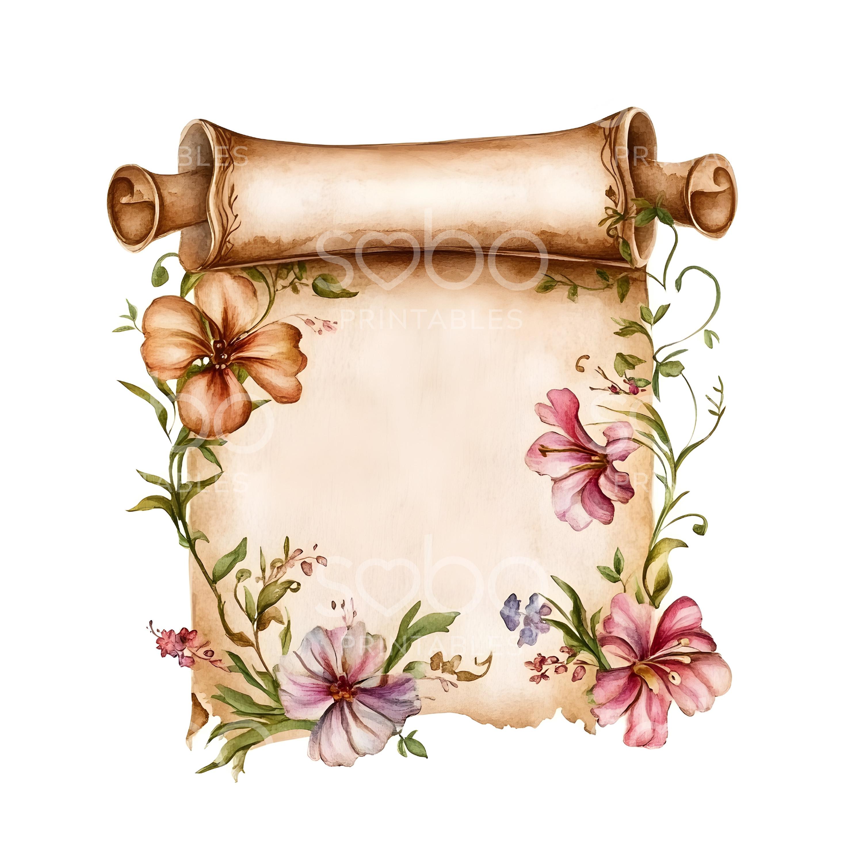 33 Floral Vintage Scroll Clipart, Medieval Scroll, Flower Vintage ...