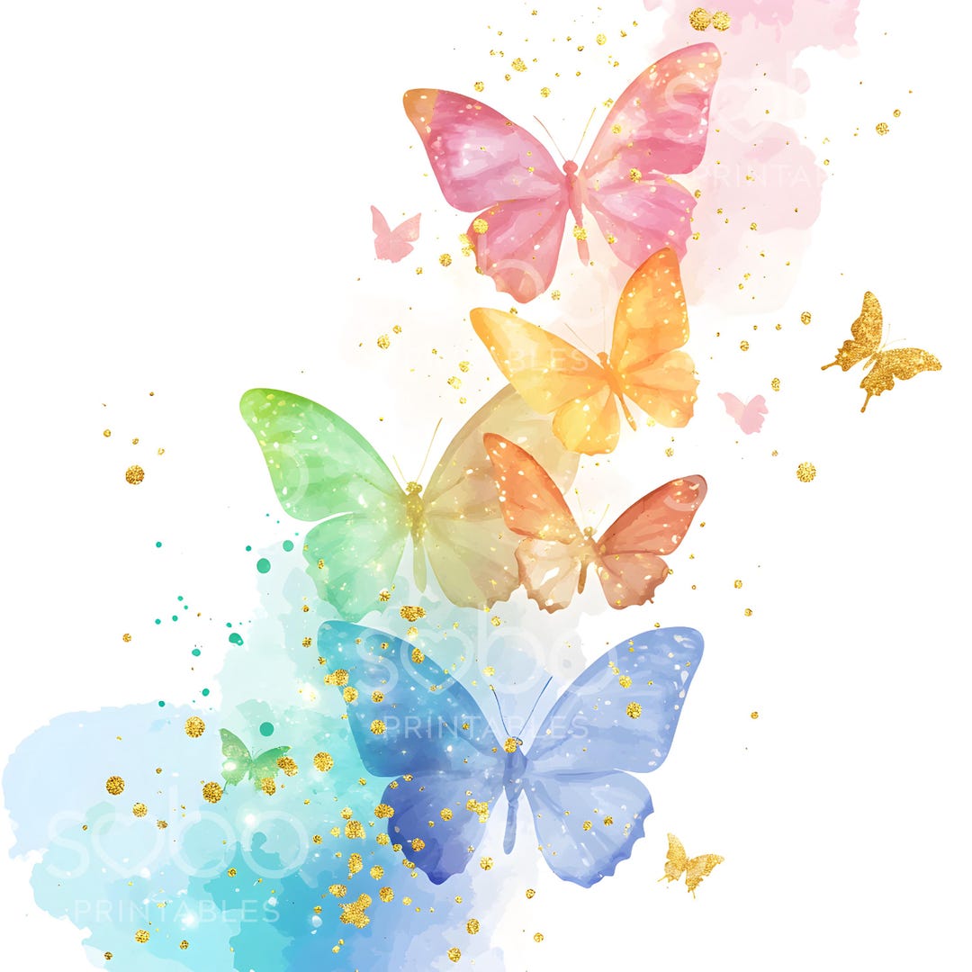 20 Rainbow Butterflies Clipart, Pastel Rainbow, Colourful Gold ...