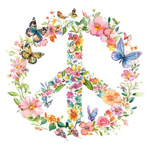 20 Floral Peace Sign Clipart, Retro Peace Sign, Butterflies Flowers Art ...