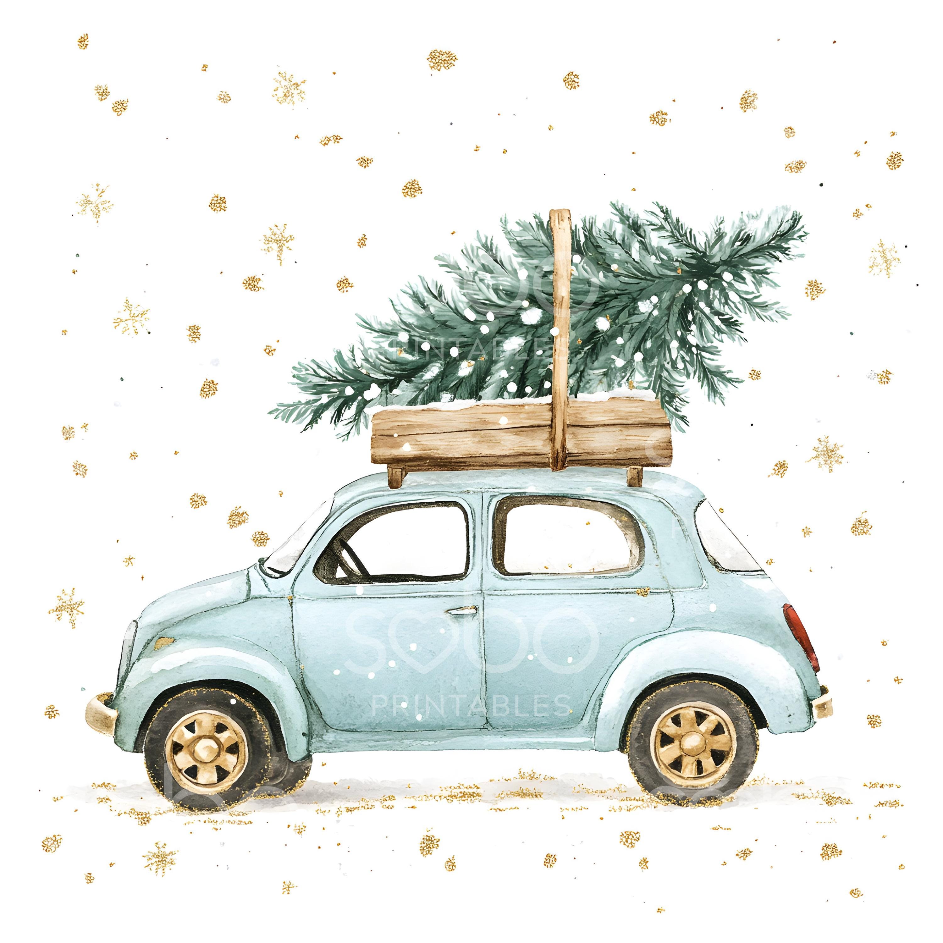 17 Vintage Christmas Blue Car Clipart, Blue Retro Car Fir Tree, Gold ...