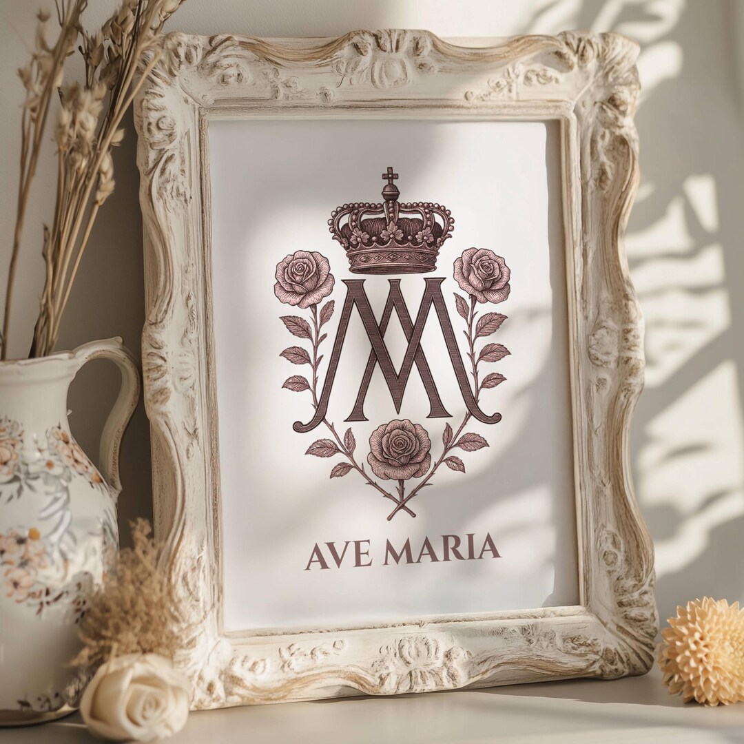 Auspice Maria Mary M Monogram Vintage Style Catholic Print Digital ...
