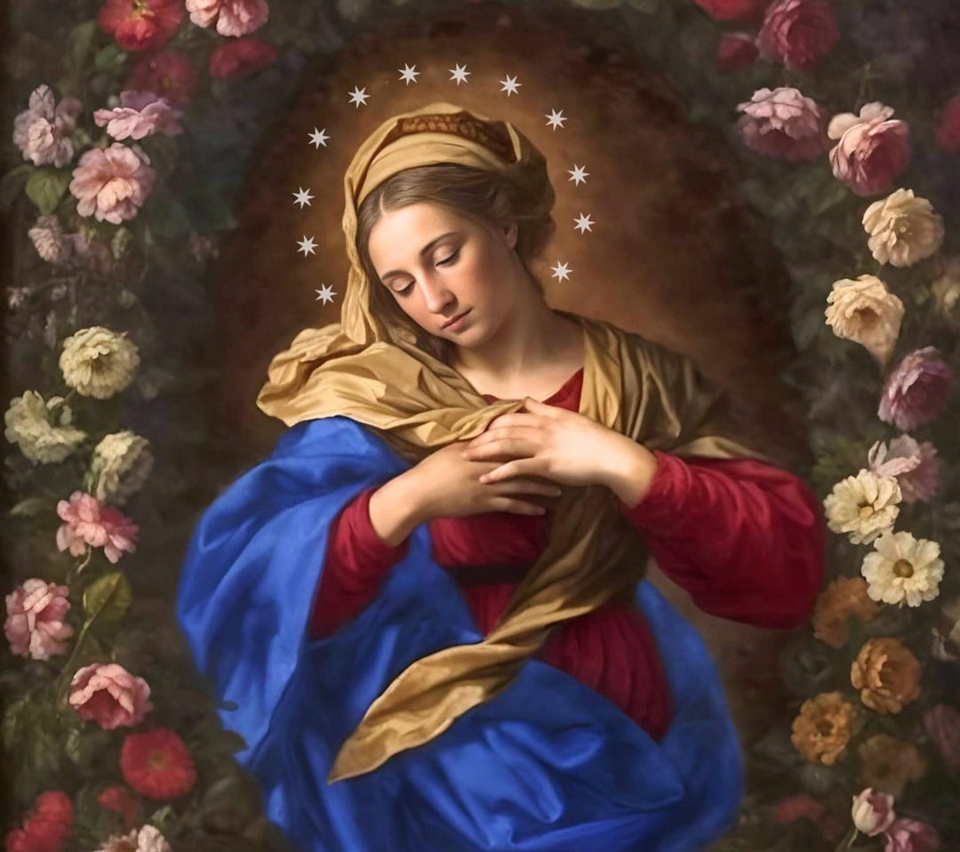 Our Lady Virgin Mary Annunciate in A Garland of Roses Digital Print by ...
