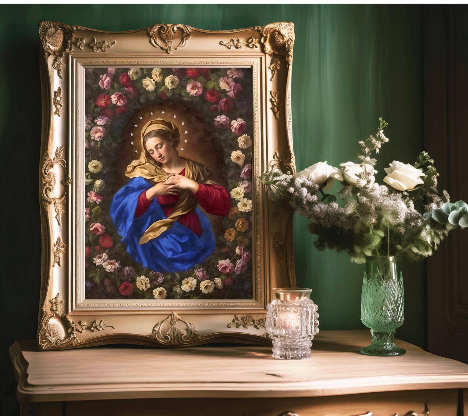 Our Lady Virgin Mary Annunciate in A Garland of Roses Digital Print by ...