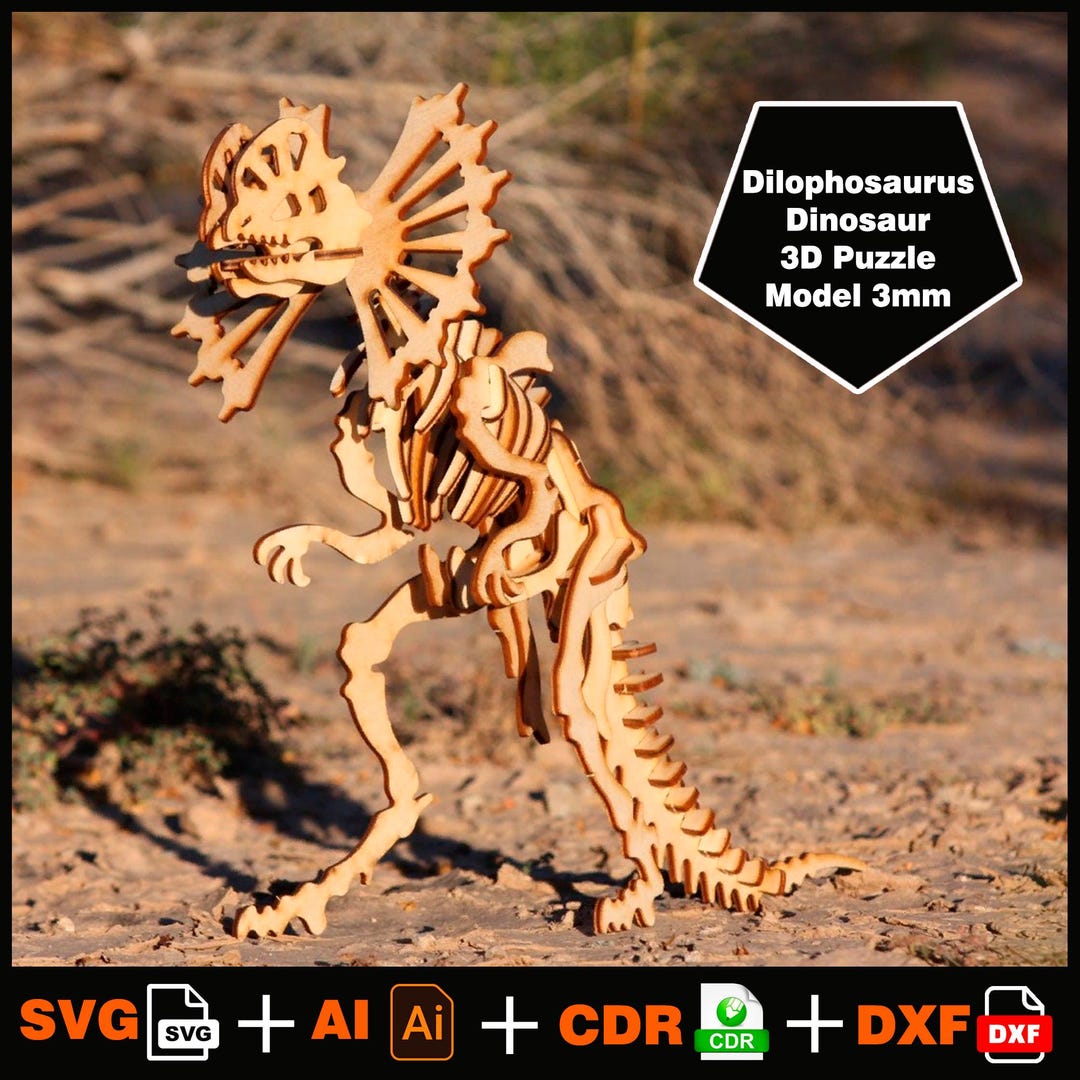 Dilophosaurus Dinosaur 3D Puzzle Model 3mm Vector Files for Wood Laser ...